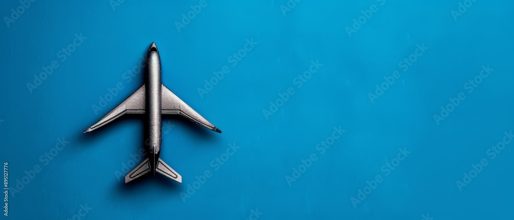A blue background hosts an airplane in flight, its shadow extending ...