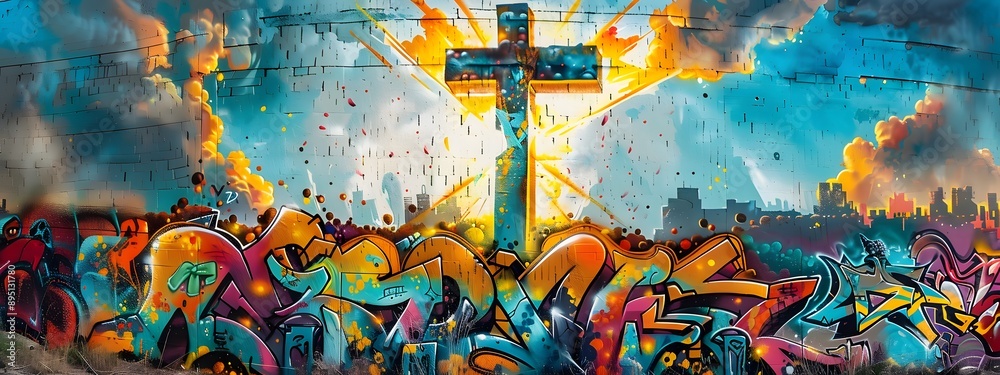Emotive Easter cross graffiti artwork, viewed from a distance to ...
