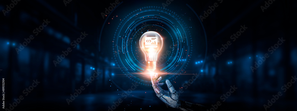 Software Development: Coding, programming, hand of robotic holding ...