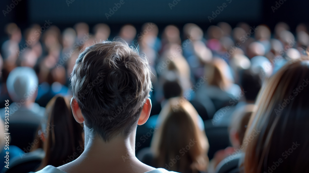 Audience watching a film premiere at TIFF, large screen, dimly lit ...