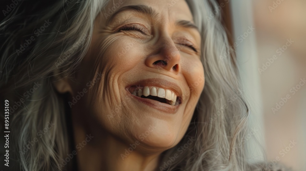 Radiant Senior Woman with Silver Hair - A joyful senior woman with long ...