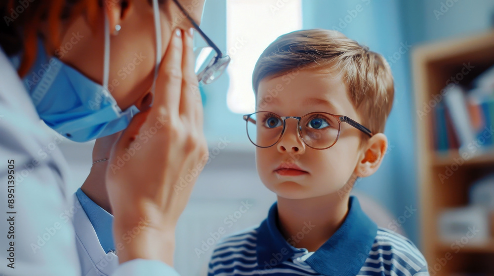 World Sight Day. A child at an ophthalmologist's appointment. Boy with ...