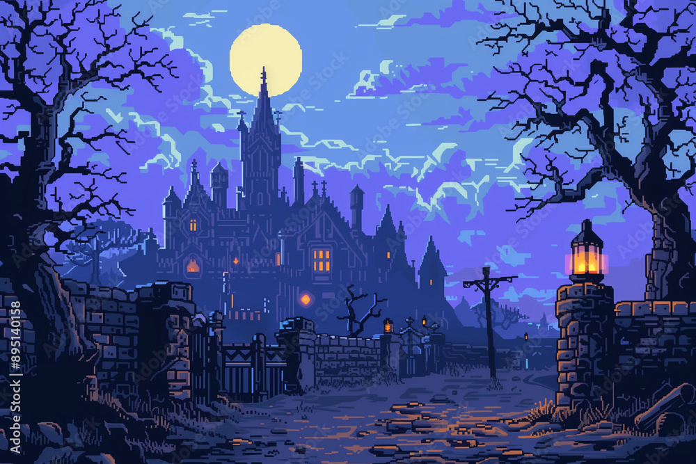 Scary Halloween castle at night with a full moon in a dark forest ...