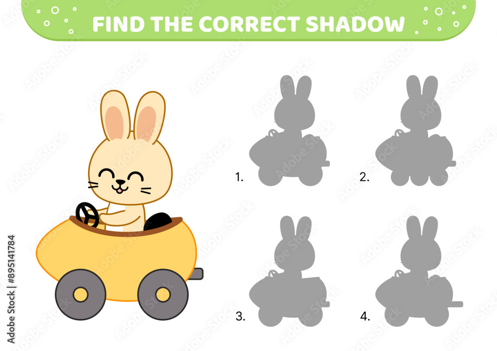Find the correct shadow. Rabbit is driving yellow car. Shadow matching ...