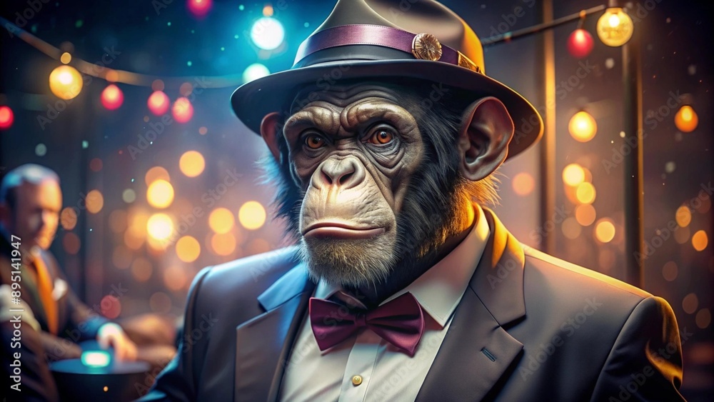 Chimpanzee as a godfather, 70s style, in a car, in a chair, with a ...