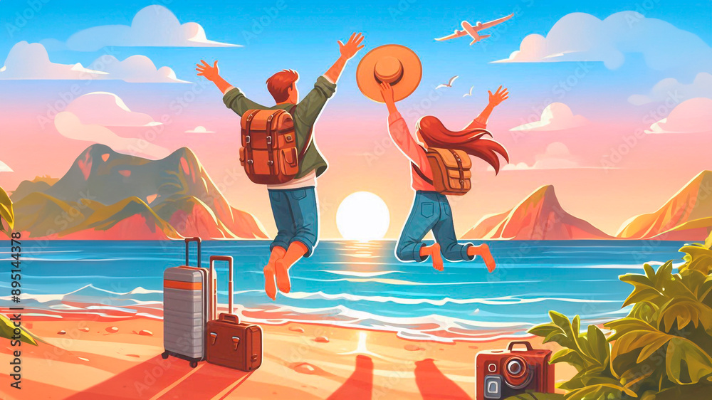 Happy traveler with raised arms jumping on the beach. Wanderlust ...