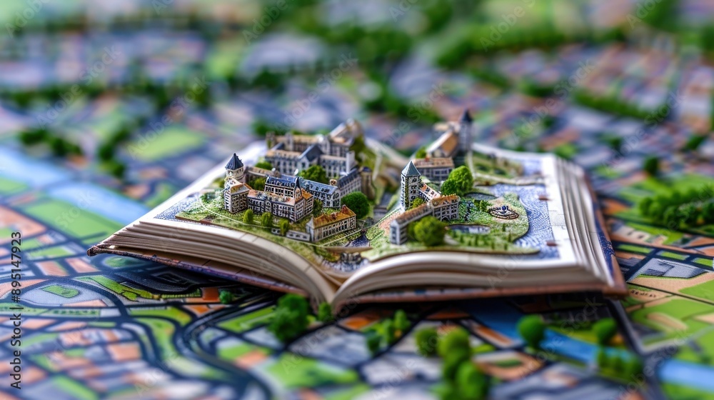 Open book with miniature city landscape, illustrating map, urban ...