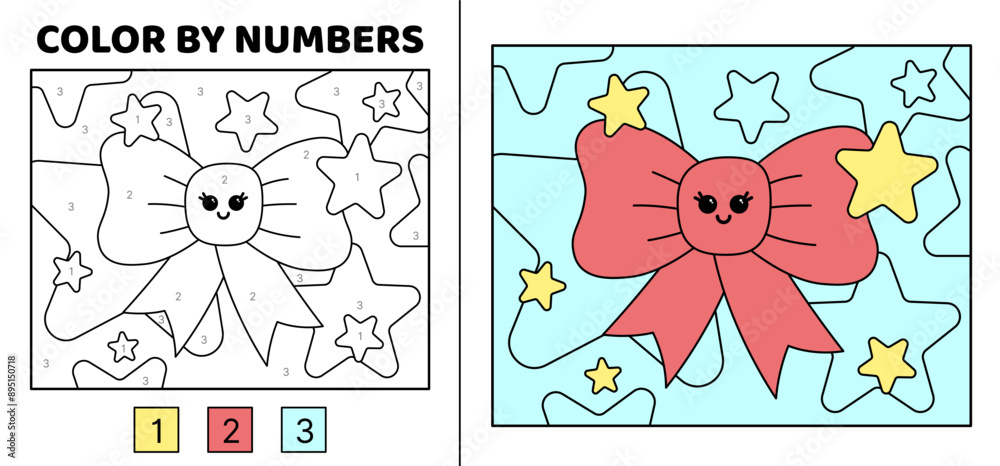 Color by number. Red kawaii bow. Coloring page. Game for kids. Cartoon ...