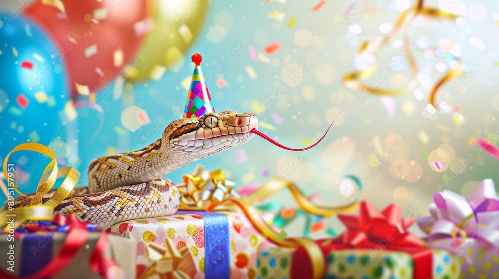 Colorful snake wearing festive party hat amidst wrapped gifts, balloons ...