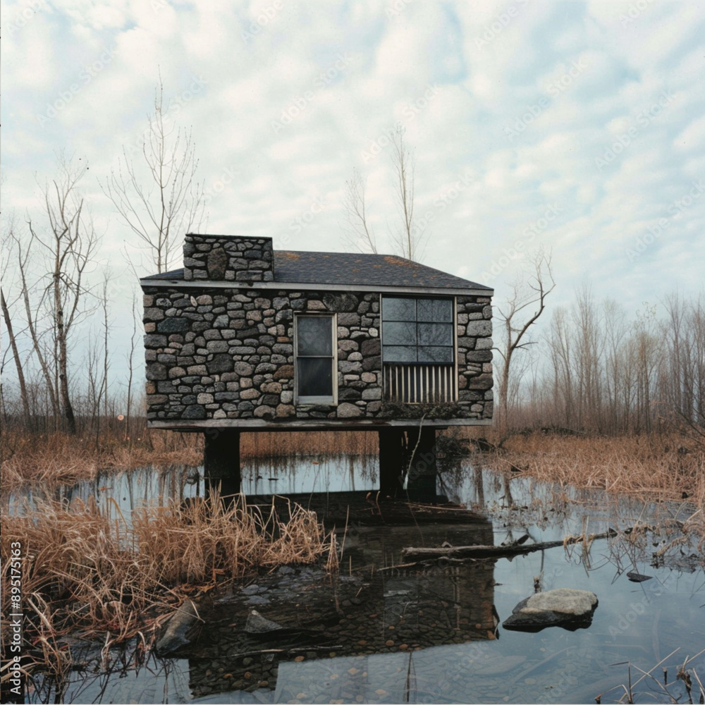 photography, a modern house of stones is jacked up on an old broken ...