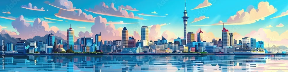 Cartoon Illustration of Auckland Skyline at Sunset Stock Illustration ...