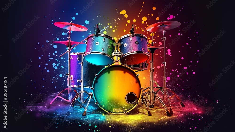 rainbow colored illustration of drum set on a stage with two bass drums ...
