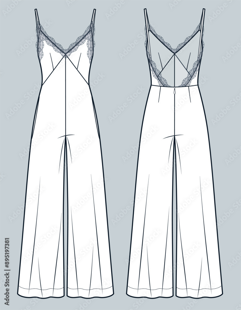 Jumpsuit with Lace trim technical fashion illustration. Wide Leg ...
