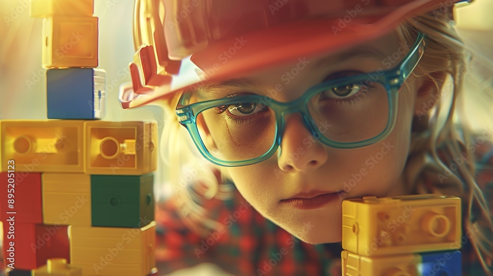 a cinematic scene of an autistic young blonde girl wearing a hard hat ...