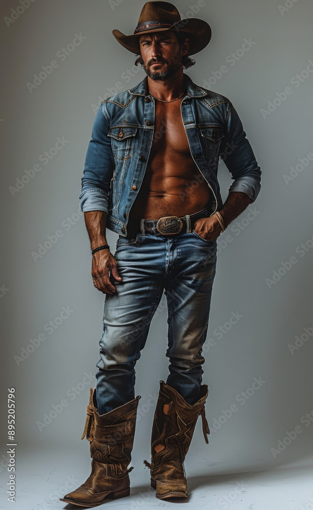 Extremely handsome cowboy with strong chest, abs, and biceps. Wearing ...