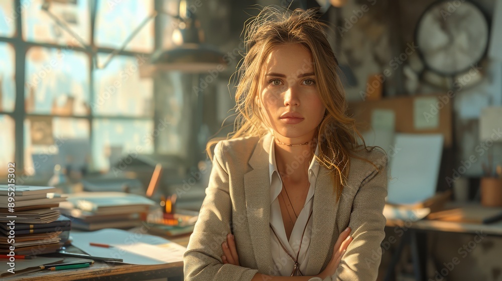 An woman, attentively looking forward, in a suit, sitting on a ...