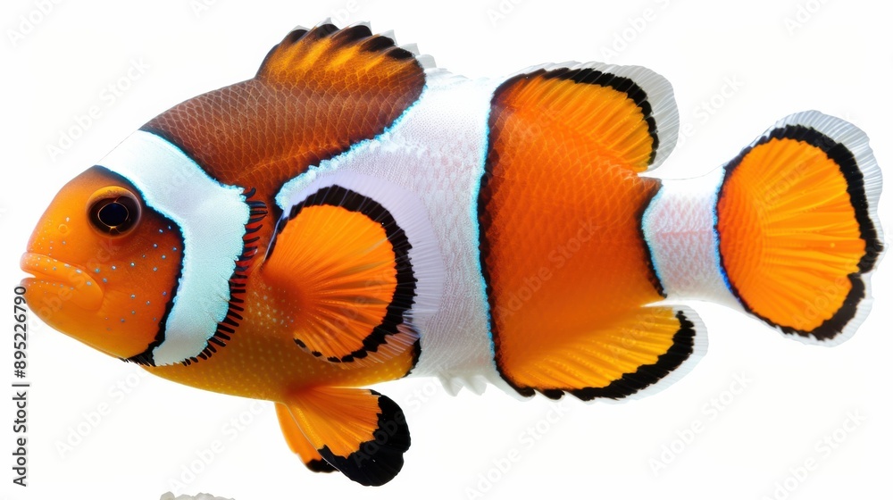 An orange and white clownfish with black stripes, isolated on a ...