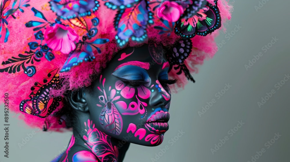 Colorful body paint in pink and black adorn the model's body. Her face ...