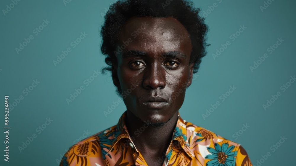 Portrait of an African man wearing a Hawaiian-style floral shirt, set ...