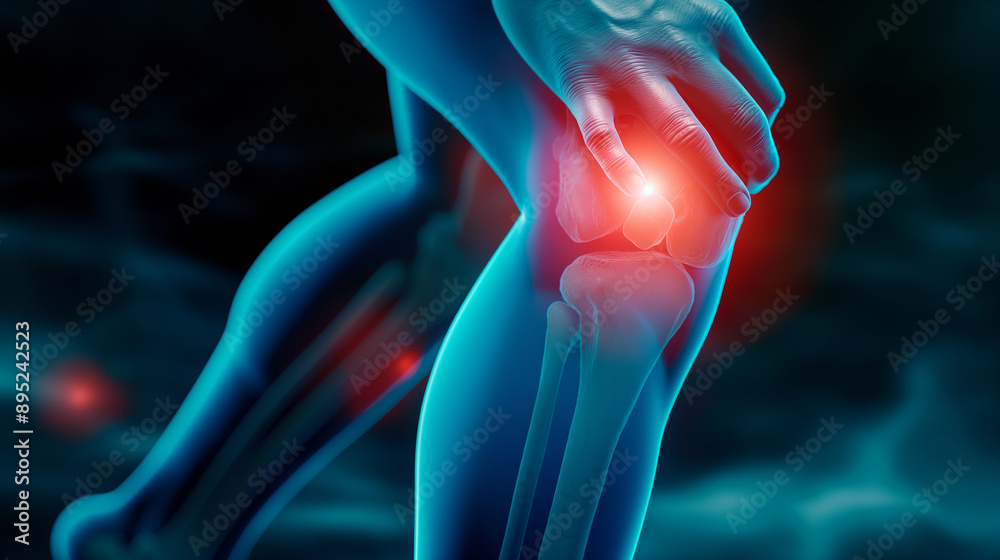 Blue 3D medical x-ray depicting knee pain and joint injuries, showing ...