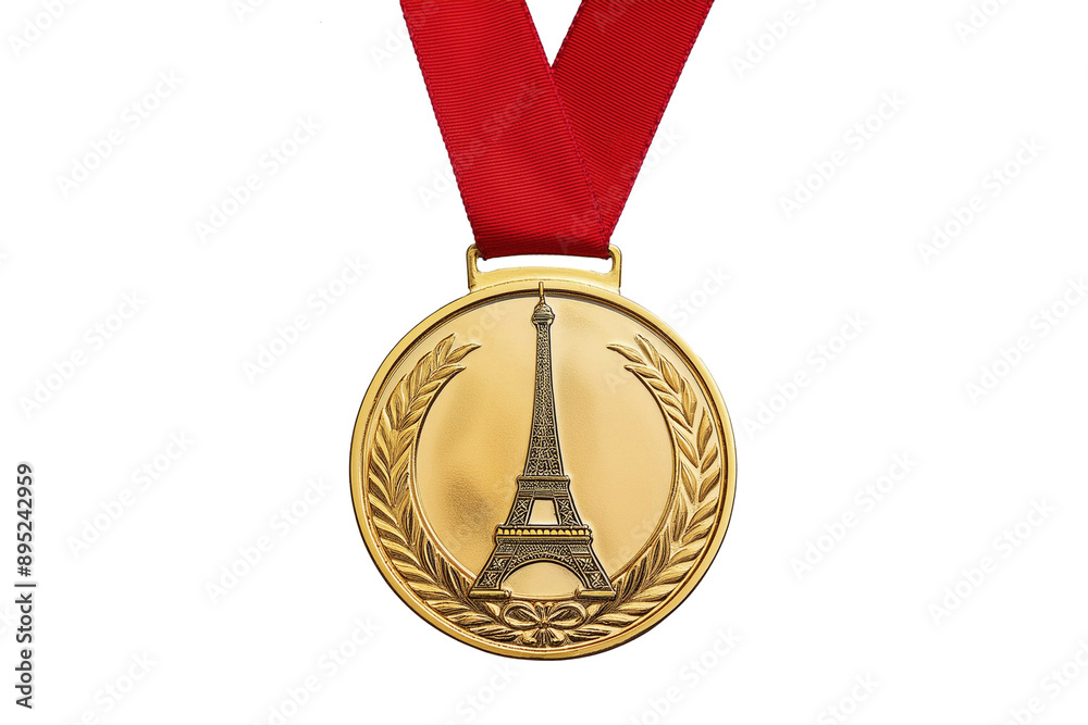 Gold medal with ribbon isolated on transparent white. Eiffel Tower ...