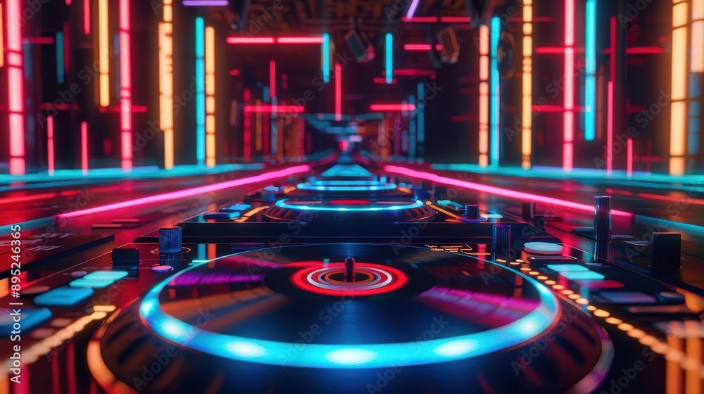 retrofuturistic dj booth with holographic vinyl records spinning in midair neon lights pulse to ...