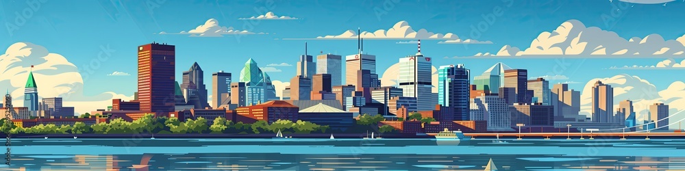 Cartoon Illustration of Montreal Skyline With Sunny Sky and Water Stock ...