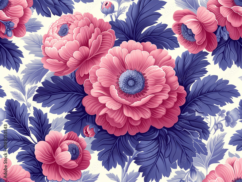 Motif floral antique avec grosse pivoine rouge dans un style historique ...