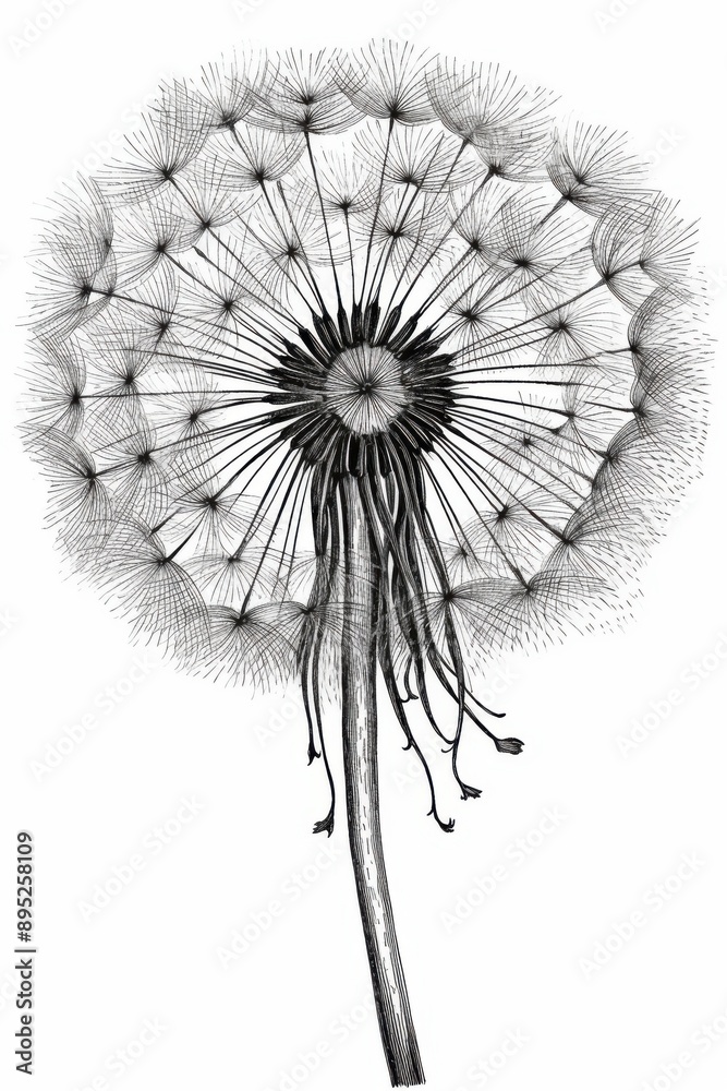 Black and white Vintage engraved art of a dandelion seed isolated on ...
