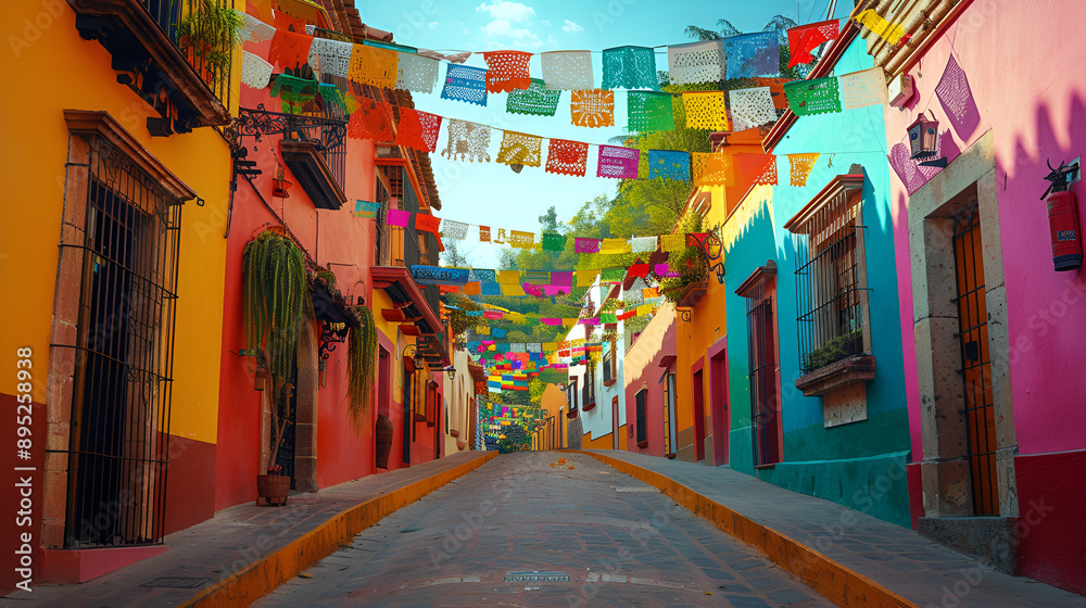 calles coloridas con papel picado y fashadas de casa de colores ...