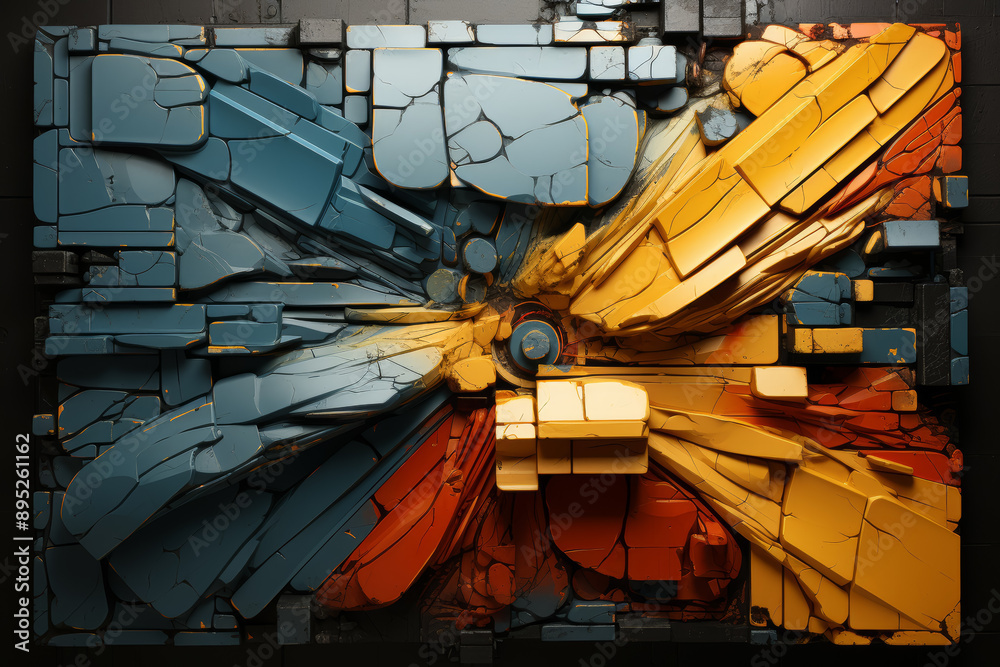 Poster An abstract collage of fragmented shapes and textures, inviting ...