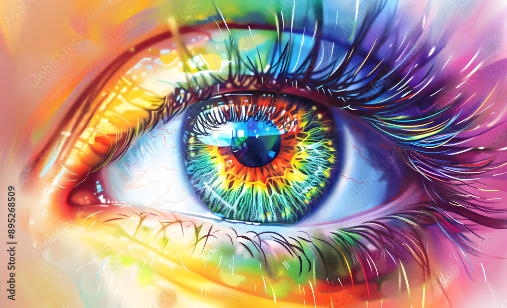 Vibrant vision: close-up of an eye with a spectrum of colors raising ...