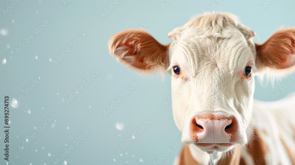 This image features a cow against a solid light blue background with ...
