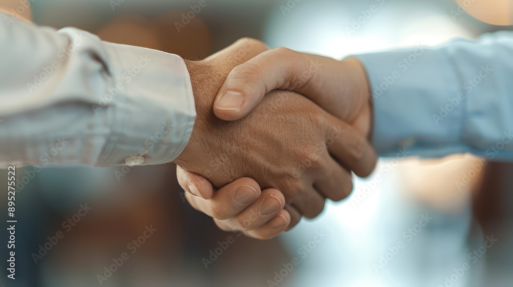 The image captures two people shaking hands, symbolizing a business ...