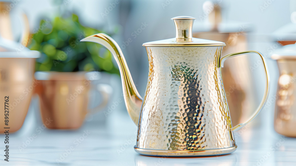 Elegant teapot with a hammered finish on a kitchen countertop. The ...
