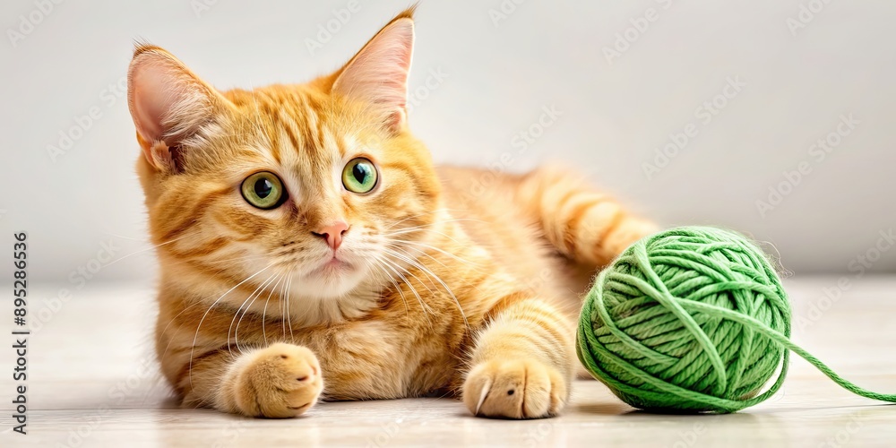 Playful ginger tomcat with green eyes playing with a ball of yarn ...