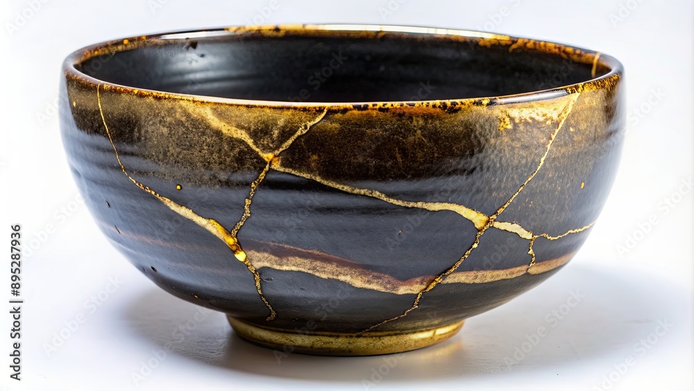 Japanese kintsugi black raku ceramic chawan restored with real gold ...