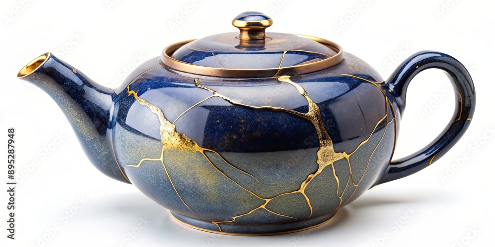 Japanese kintsugi ceramic teapot restored with real gold, showcasing ...