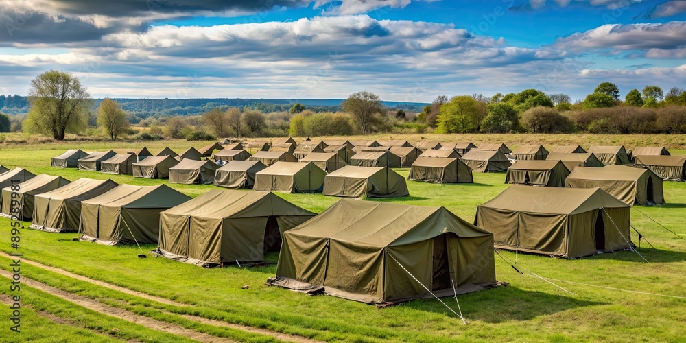 A temporary military camp of soldiers in a rural field setting ...