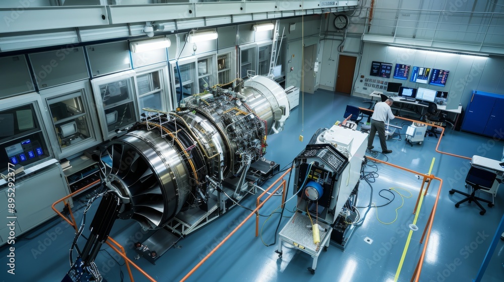 An advanced aerospace propulsion laboratory with engineers testing jet ...