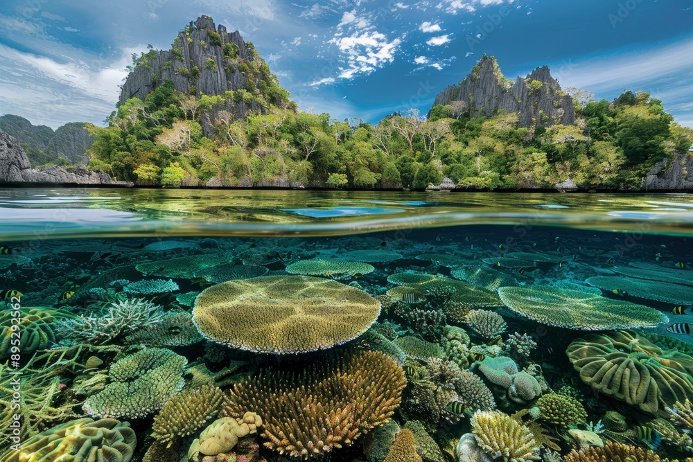 Healthy fringing coral reefs grow around the dramatic limestone islands ...