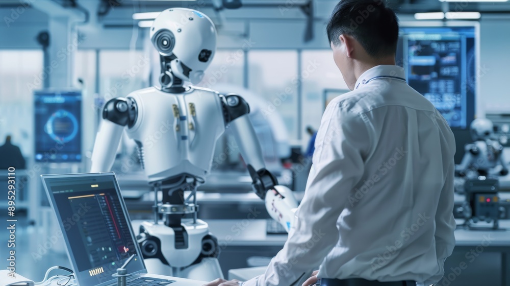 An advanced robotics testing laboratory with engineers programming ...