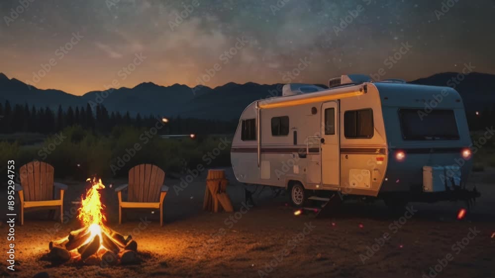 Cozy caravan campsite with campfire and chairs at twilight in a ...