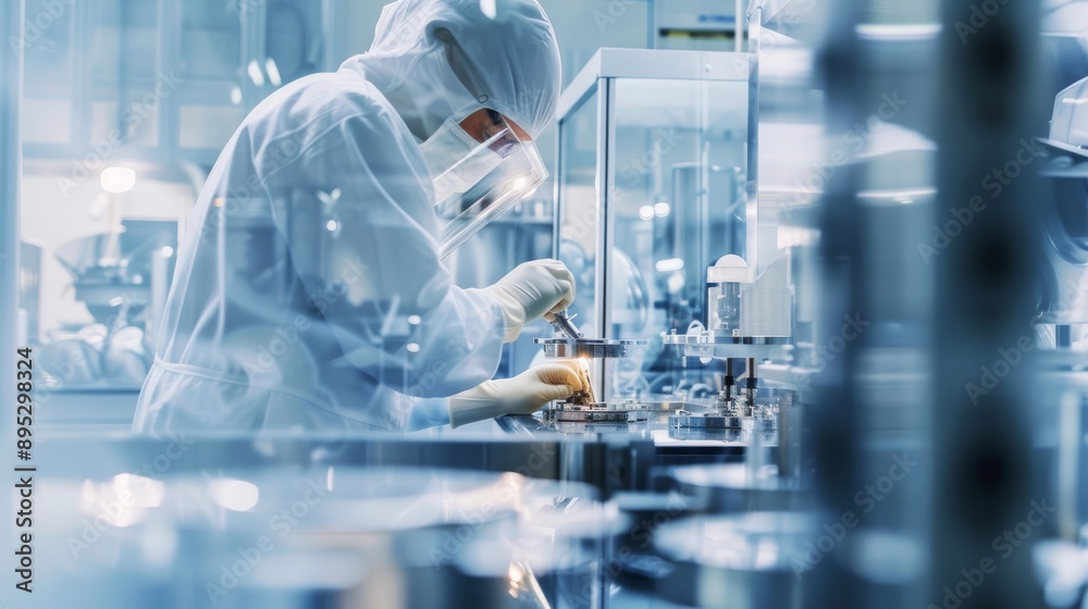 An aerospace engineer in a cleanroom assembling satellite components ...