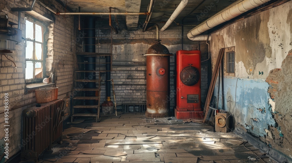 An old industrial room with exposed brick walls and a rusty radiator ...