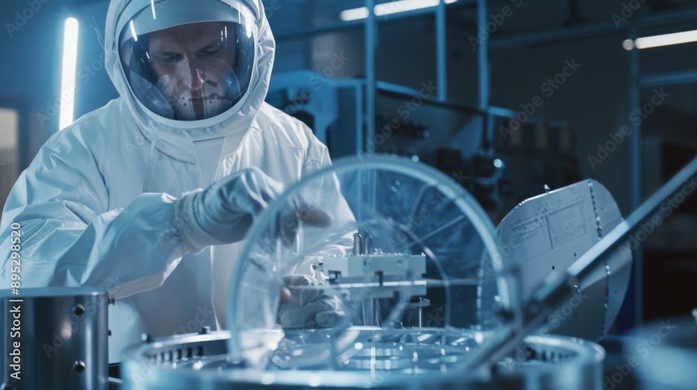 An aerospace engineer in a cleanroom suit adjusting the delicate ...