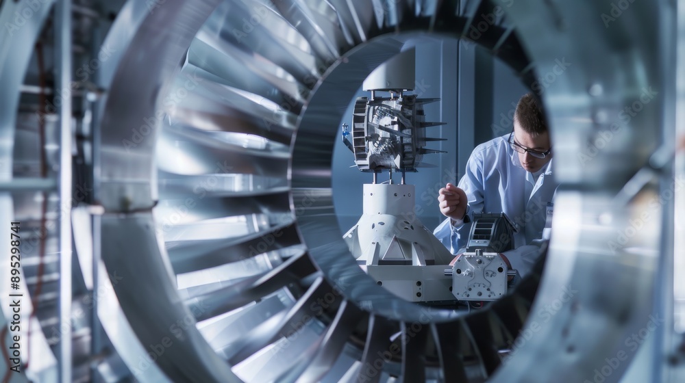 An aerospace engineer testing wind tunnel models in a research facility ...