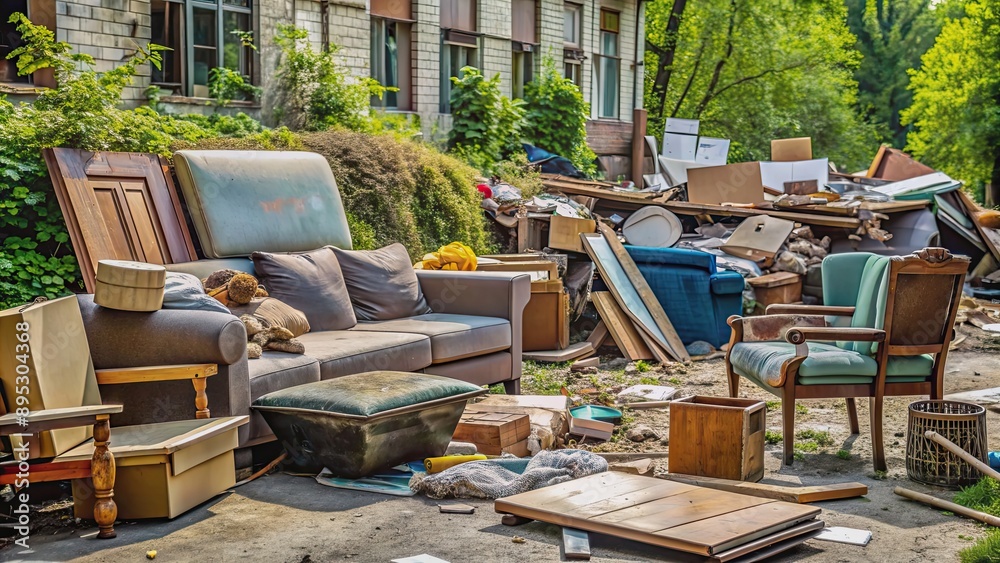 Discarded furniture and trash pile in a messy outdoor environment, junk ...