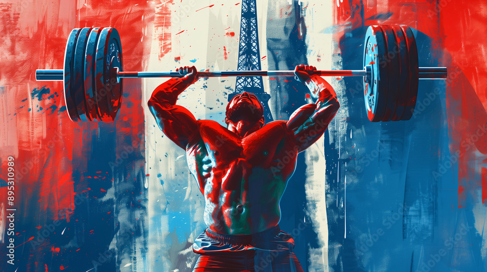 Weightlifting athlete with the French national colors and the Eiffel ...