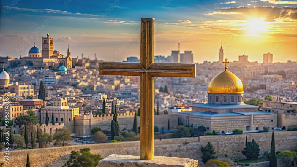 Christian cross with the scenery of Jerusalem and Solomon Temple in ...